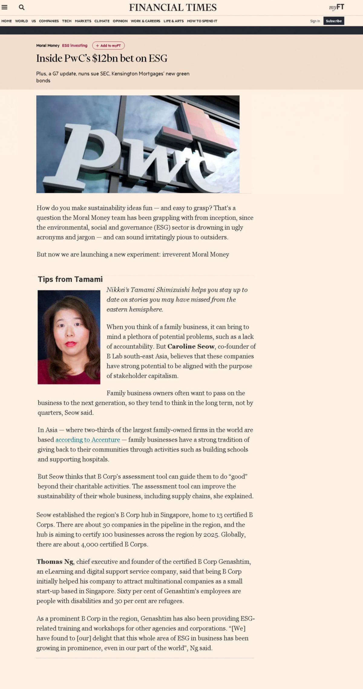 New York-based Financial Times Features Genashtim | Thomas Ng