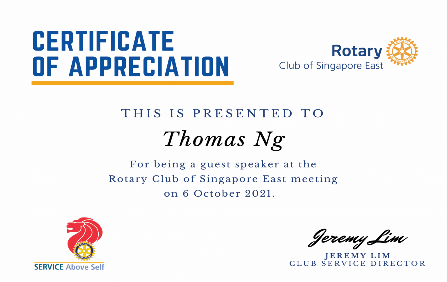The Rotary Club of Singapore East: Thomas Advocates Sustainable ...